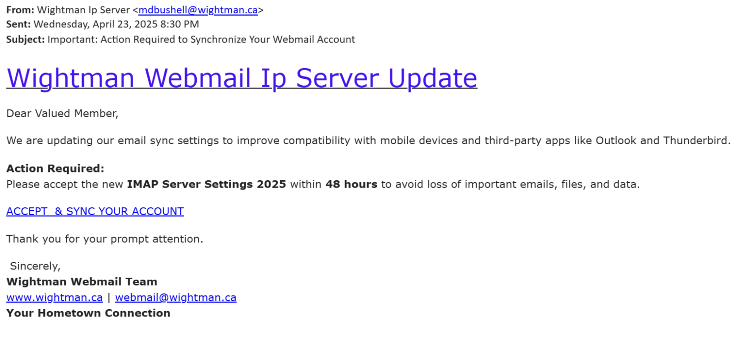 Alert: Scam Email (IP Server Update) - Wightman Telecom